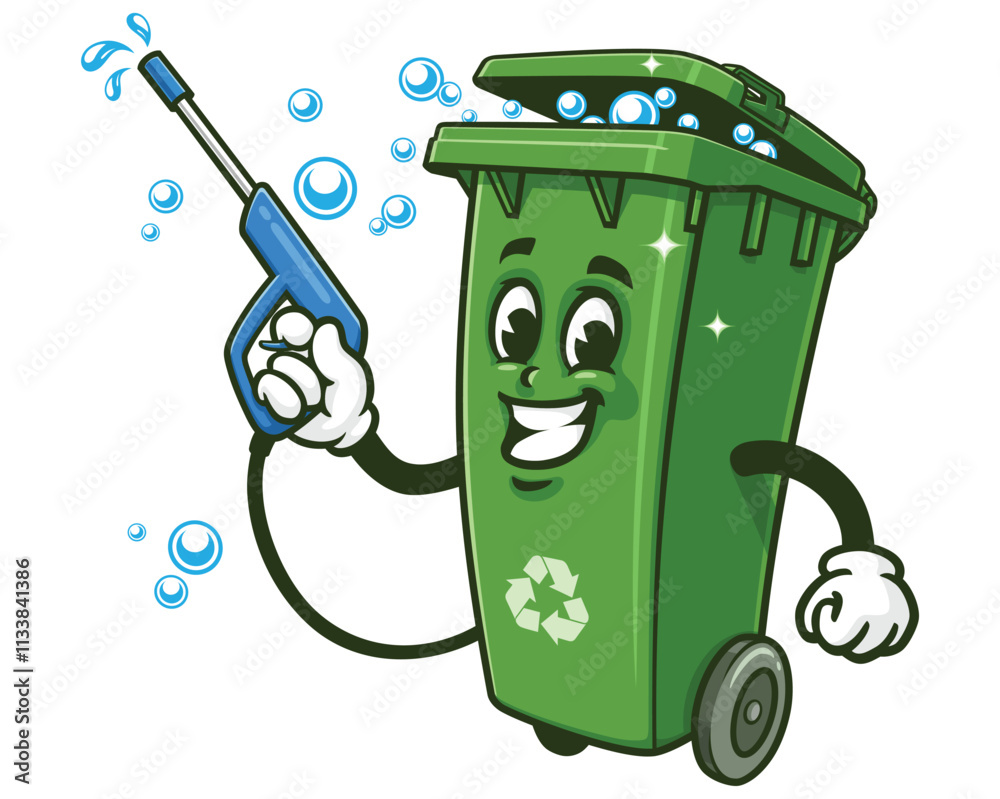 Trash Bin cleaner service, Cartoon Character Mascot Illustration Vector ...