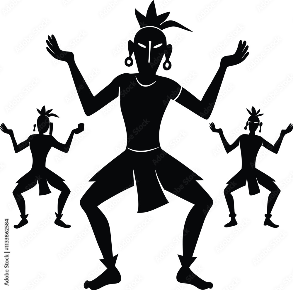 Aztec Dancers Silhouette Vector Illustration: Tribal Figures in ...