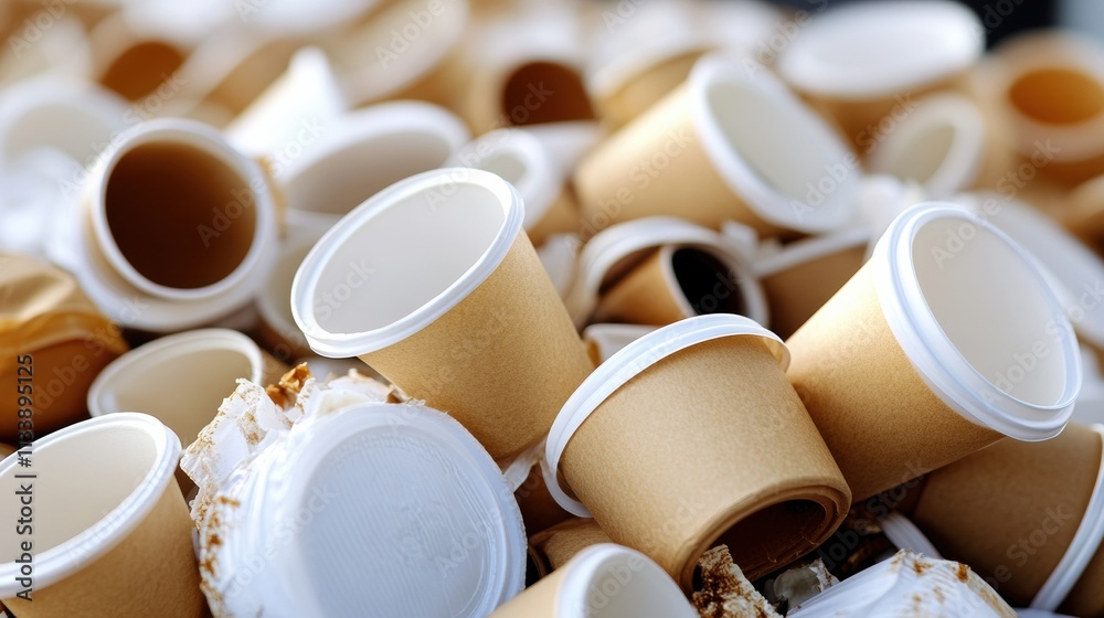 A close-up of a messy heap of empty to-go coffee cups, emphasizing ...