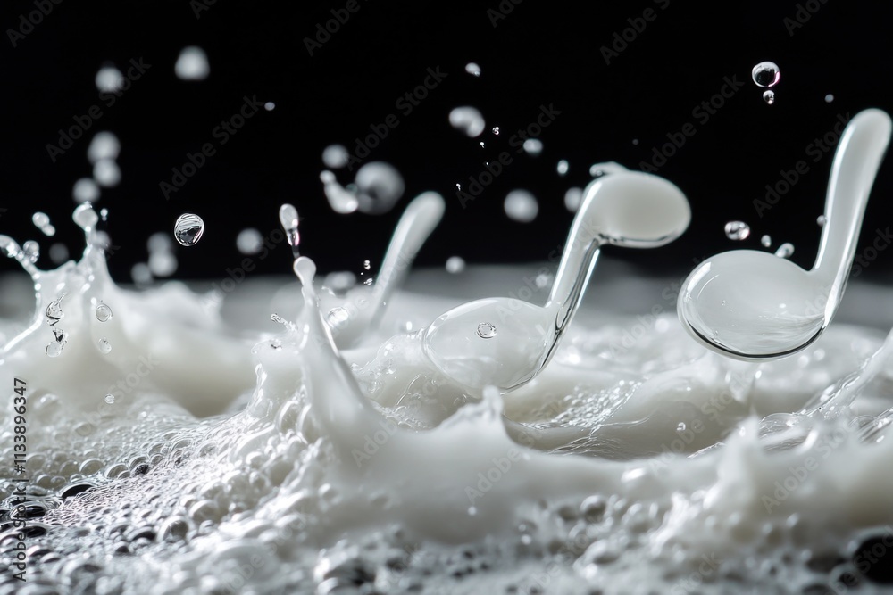 Musical notes created by splashing milk drops, high-speed flash, liquid ...
