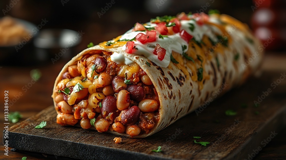 Overflowing Loaded Burrito with Beans Cheese and Sour Cream in Soft ...