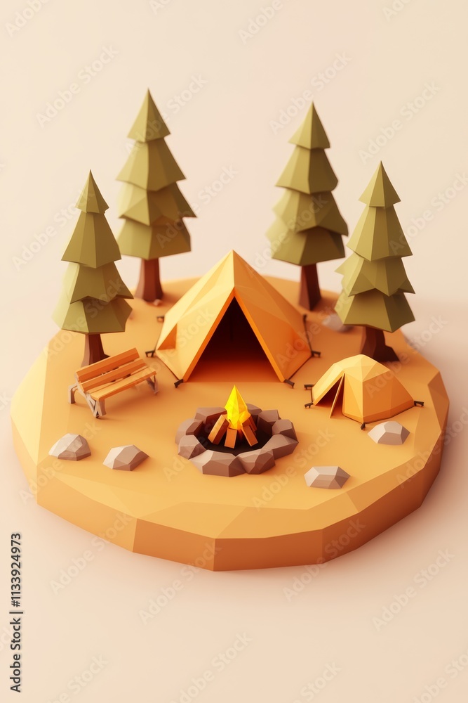 Low poly illustration of a campsite with two tents, a campfire, and a ...