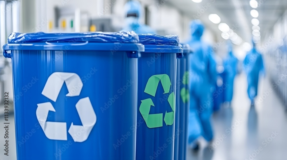Two blue recycling bins with recycle symbols in a cleanroom; workers in ...