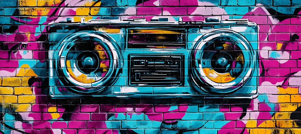 Retro 90s Graffiti Banner with Neon Colors and Boom Box on Brick Wall ...