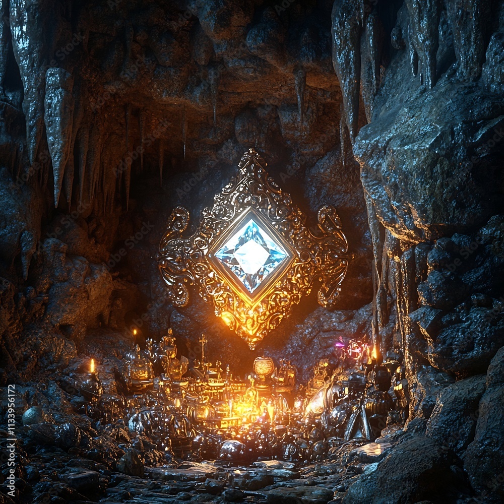 Glowing Diamond Icon Amidst a Hoard of Precious Gems and Ornate Golden ...