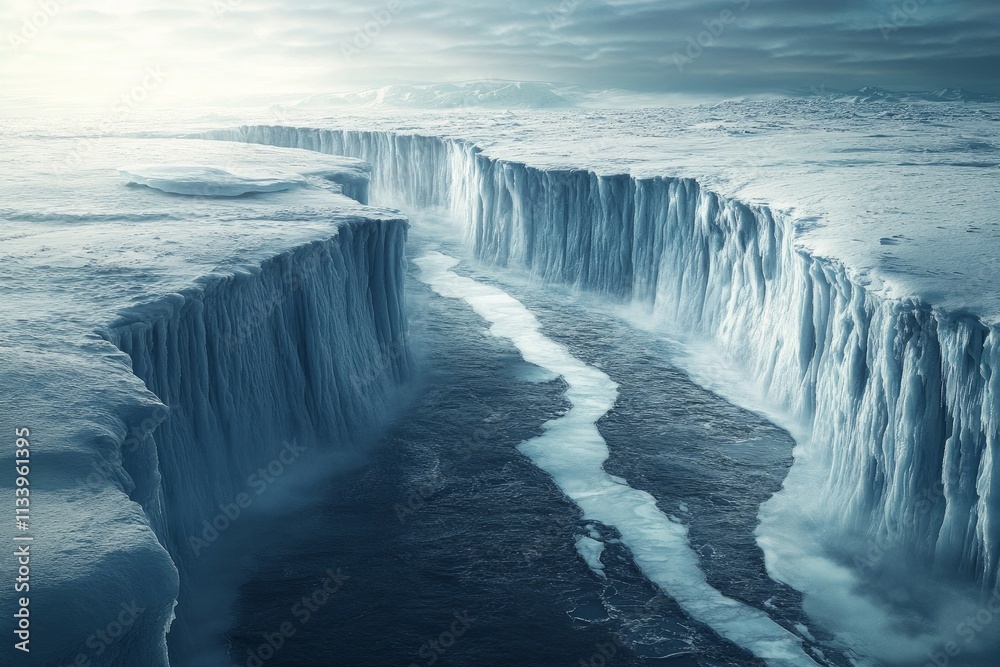 Polar ice caps melting with large cracks forming in the ice, water ...