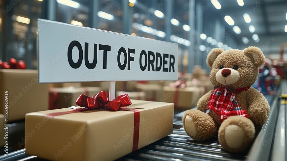 Gifts On Conveyor Belt And Out Of Order Sign In Distribution Warehouse ...
