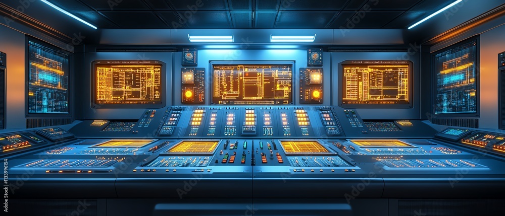 Hightech nuclear power plant reactor control panel, central electrical ...