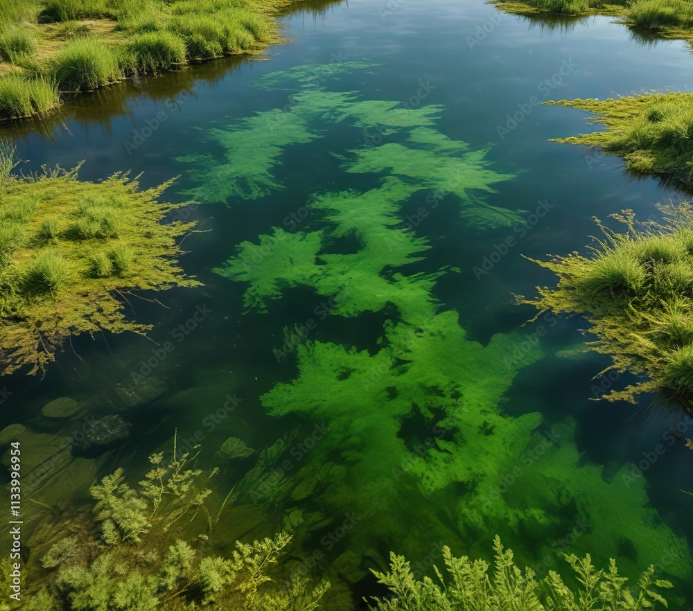 Green algae covering the surface of a European pond, nature photography ...