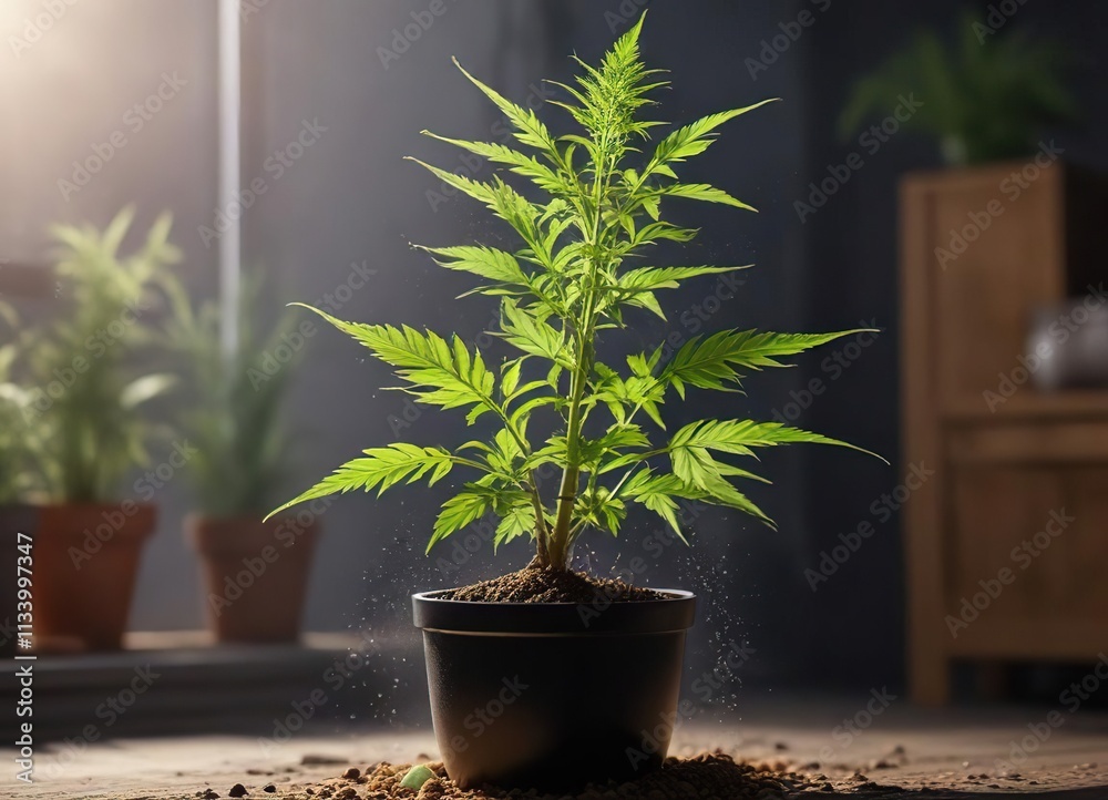 Cannabis plant growing from seed in a pot with sunlight and water ...