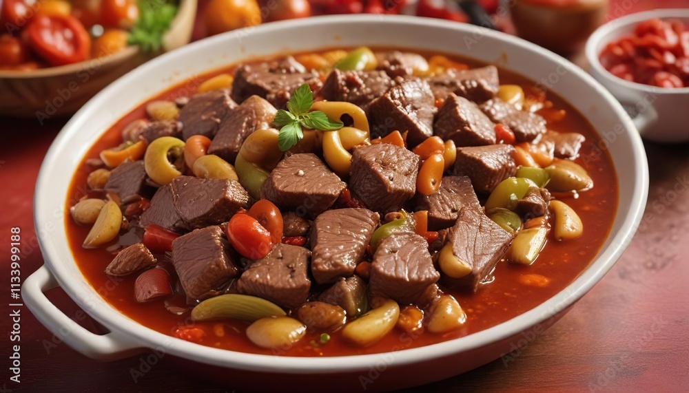 Beef caldereta simmered to perfection in a bold red sauce , homestyle ...