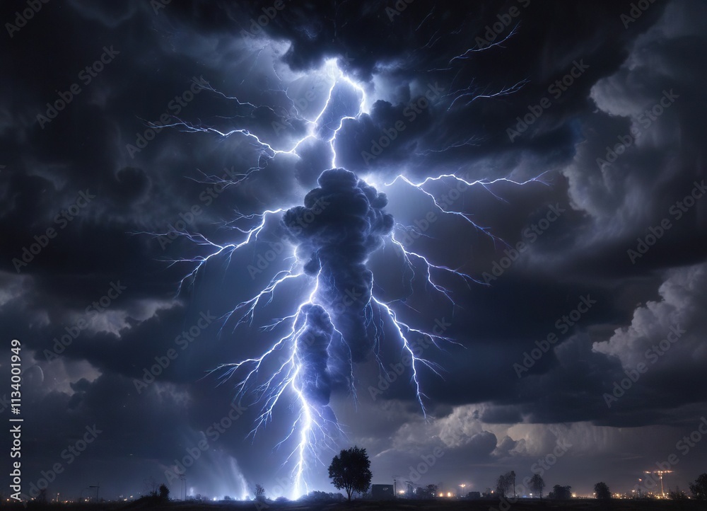 A blue lightning bolt bursts forth from the dark and ominous sky ...