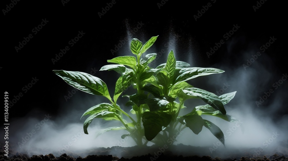 Closeup side view of a single plant with mist or vapor rising from its ...