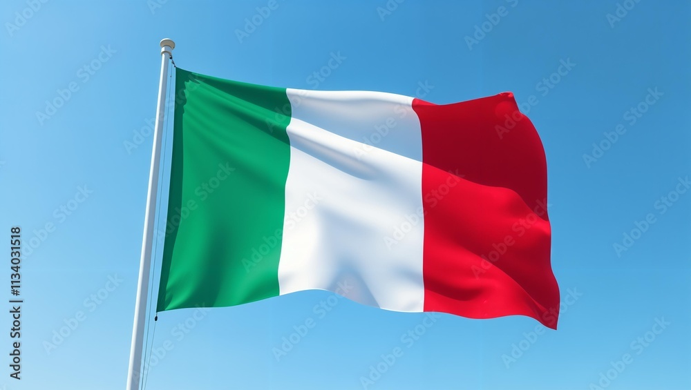 National flag of Italy on flagpole against blue sky background. State ...