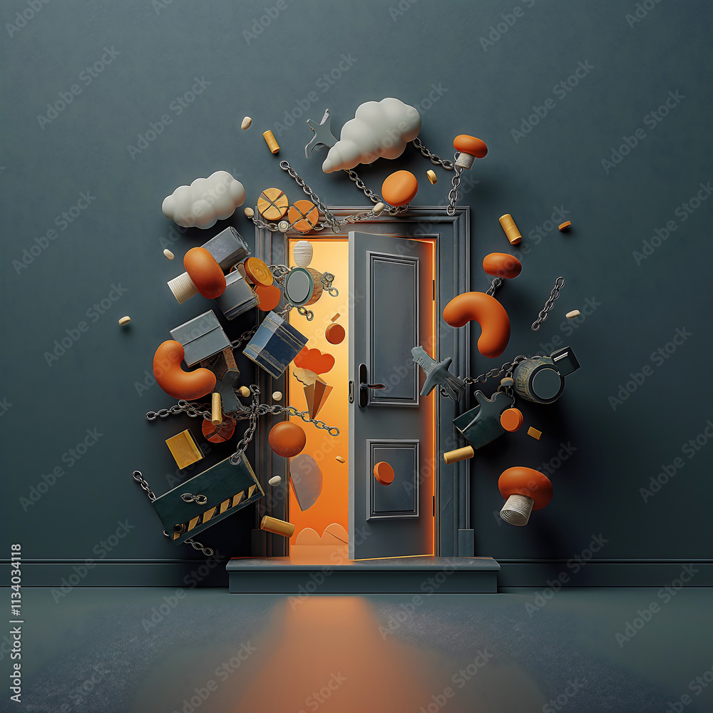 Floating objects symbolize mental health themes, featuring broken ...