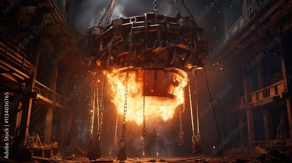 Glowing crucible of molten steel being carefully transported by a large ...