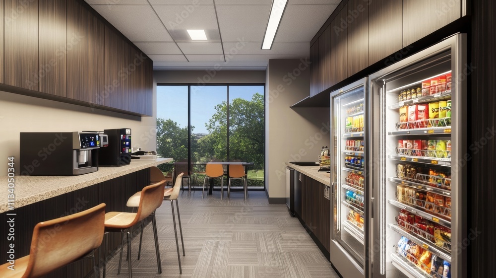 modern office break room with kitchenette and vending machines Stock ...