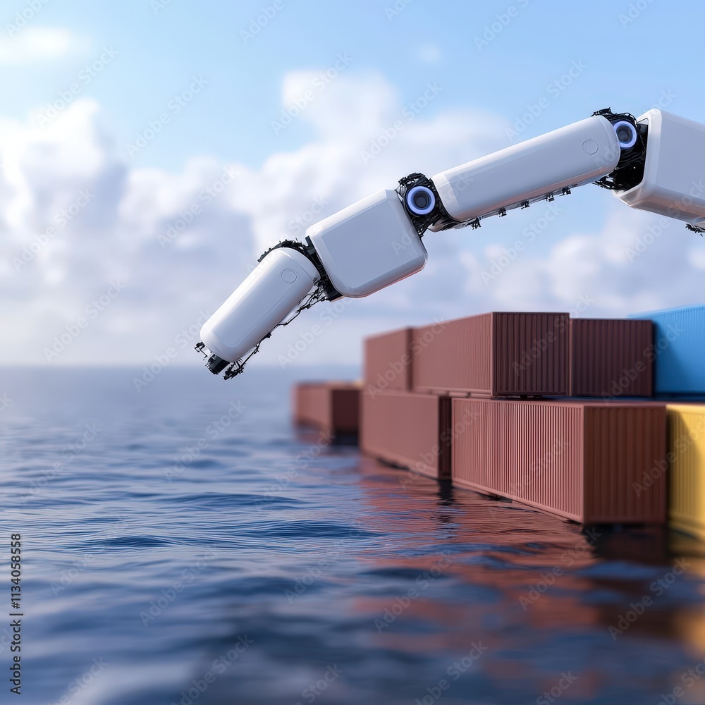 A robotic arm extends above shipping containers on water, showcasing automation and logistics in ...