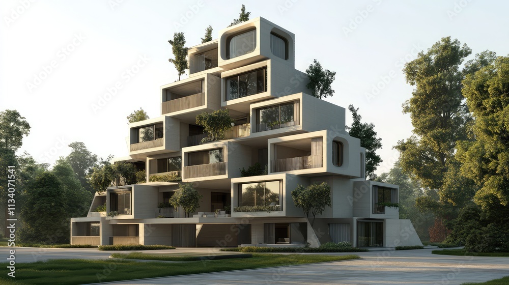 Modular residential units in a stacked pyramid arrangement, designed ...
