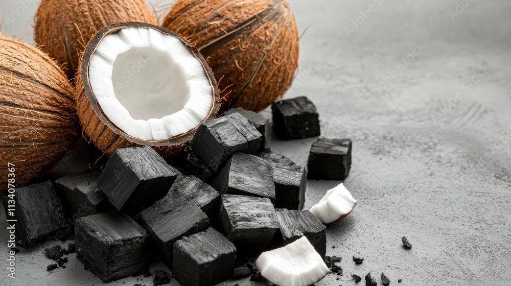 A coconut split open beside squares of black coconut charcoal ...