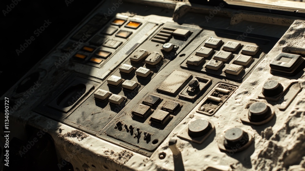 Lunar rover control panel with worn buttons and rocky landscape Stock ...