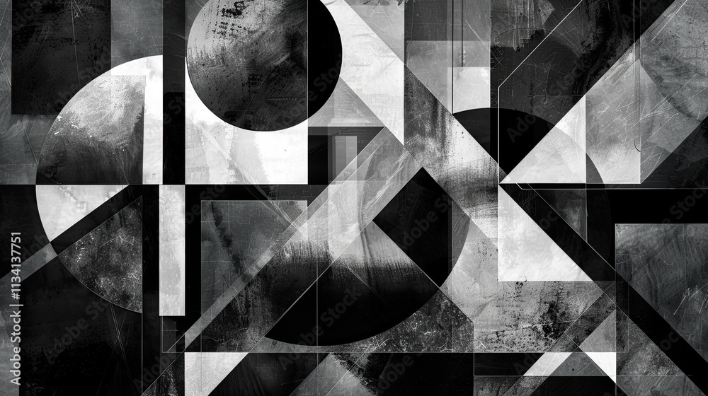 Abstract composition of geometric shapes and textured overlays in a ...