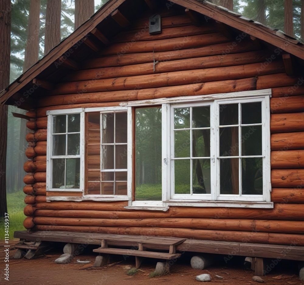 Abandoned Redwood Log Cabin with White Window Frames , white window ...