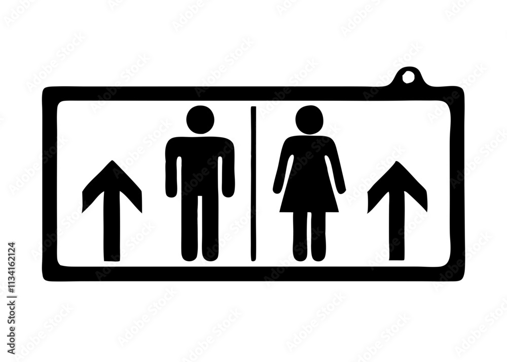 Lavatory signage with male and female figures and upward arrows ...