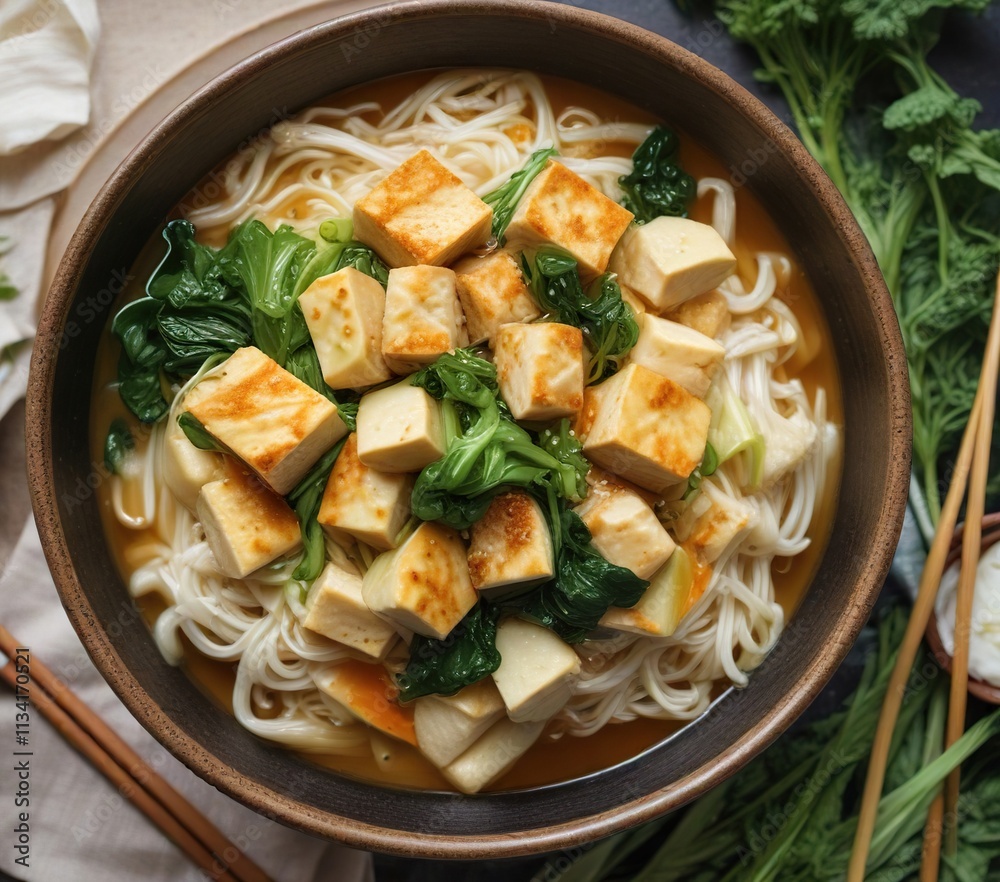 Bok choy and rice noodles with melted cheese tofu in a savory soy sauce ...