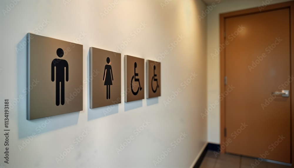 Public restroom signs for male, female, baby care, disabled access ...