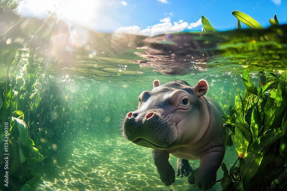 Hippo Underwater: A playful hippopotamus emerges from the depths of a ...