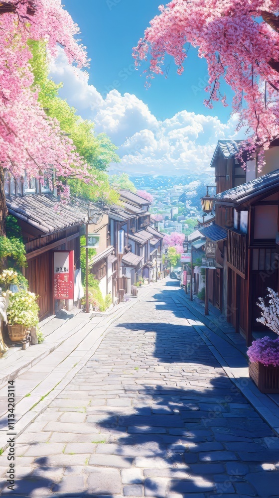 Scenic small town street in japan anime style digital art realistic ...