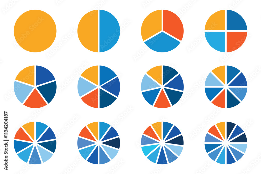Pie chart set. Colorful diagram collection with 2,3,4,5,6,7,8,9,10,11 ...