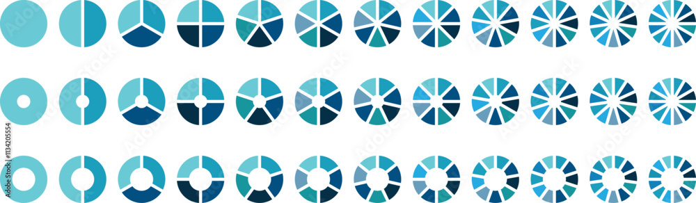 Pie chart set. Pie chart divided 1,2,3,4,5,6,7,8,9,10,11,12 equal parts. Segment slice sign ...