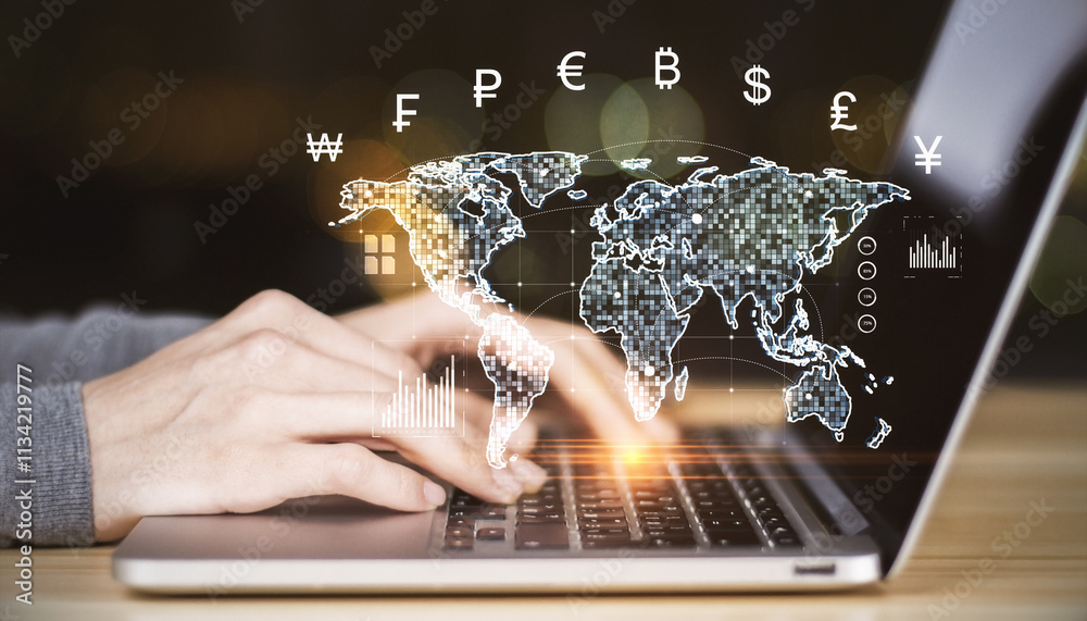 Digital global currency exchange concept with holographic world map and ...