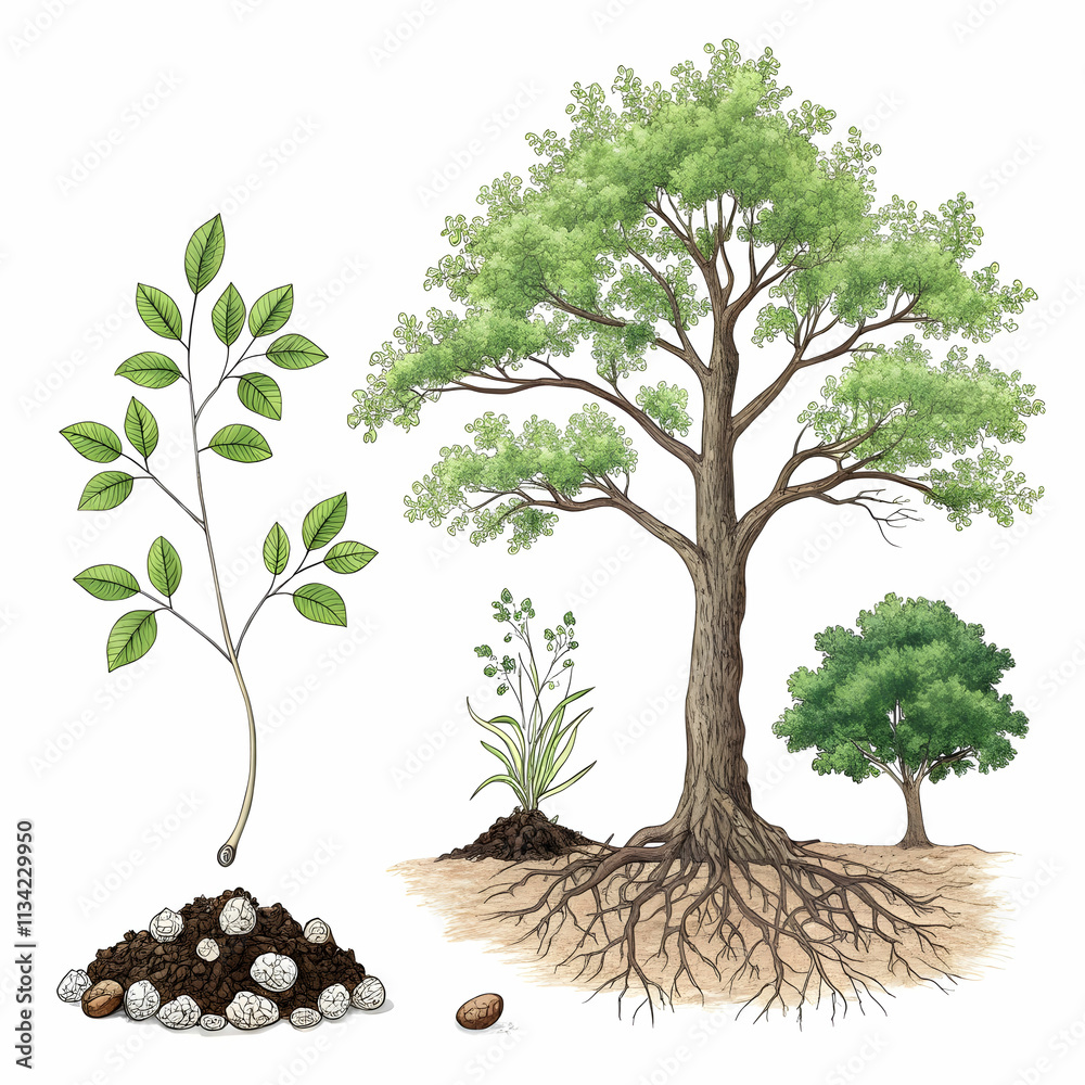 The life cycle of a tree begins with a seed, grows into a sapling ...