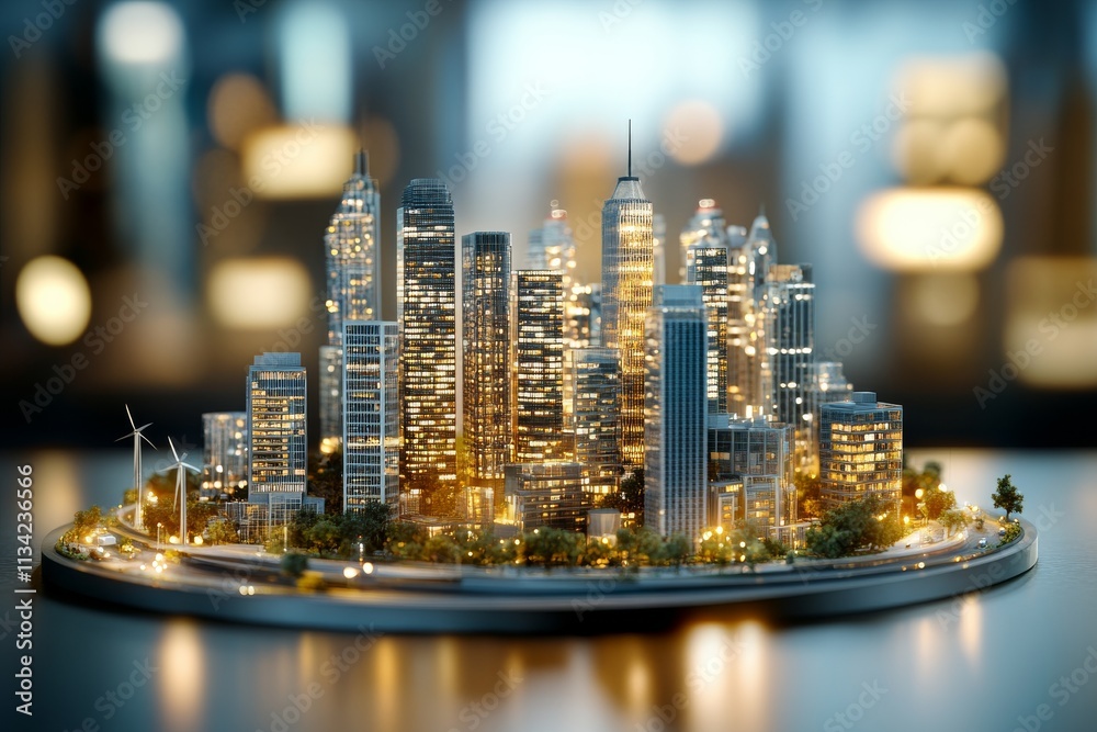 City skyline model showcases modern architecture under soft lighting in ...