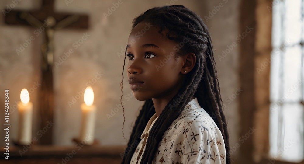 Biblical character, Black Girl praying with candle in medieval church ...