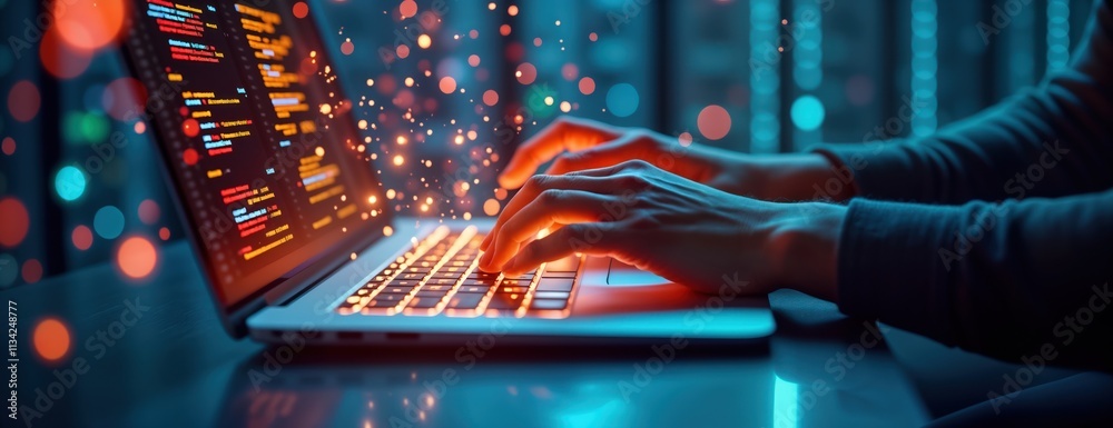 Person working on laptop creating website design. Hands type on laptop ...