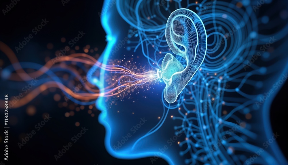 Digital wireframe illustration of human ear anatomy. Complex network ...