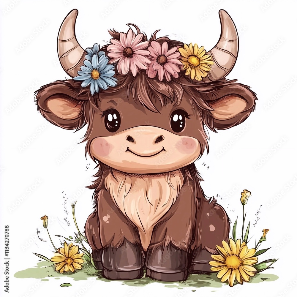 Taurus. Cute zodiac sign with a colorful wreath of flowers on his head ...