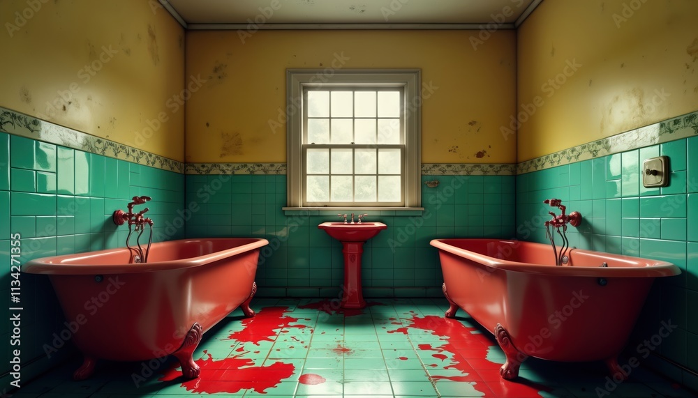 Bloody bathroom scene shows two vintage red bathtubs in grungy vintage ...