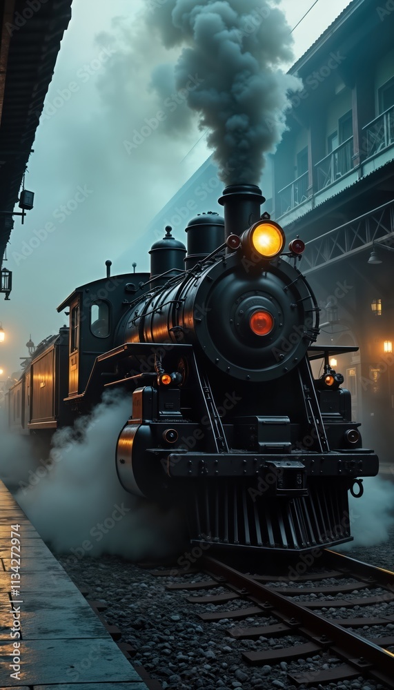 Steampunk train pulls into mystical station. Steam billows from engine ...