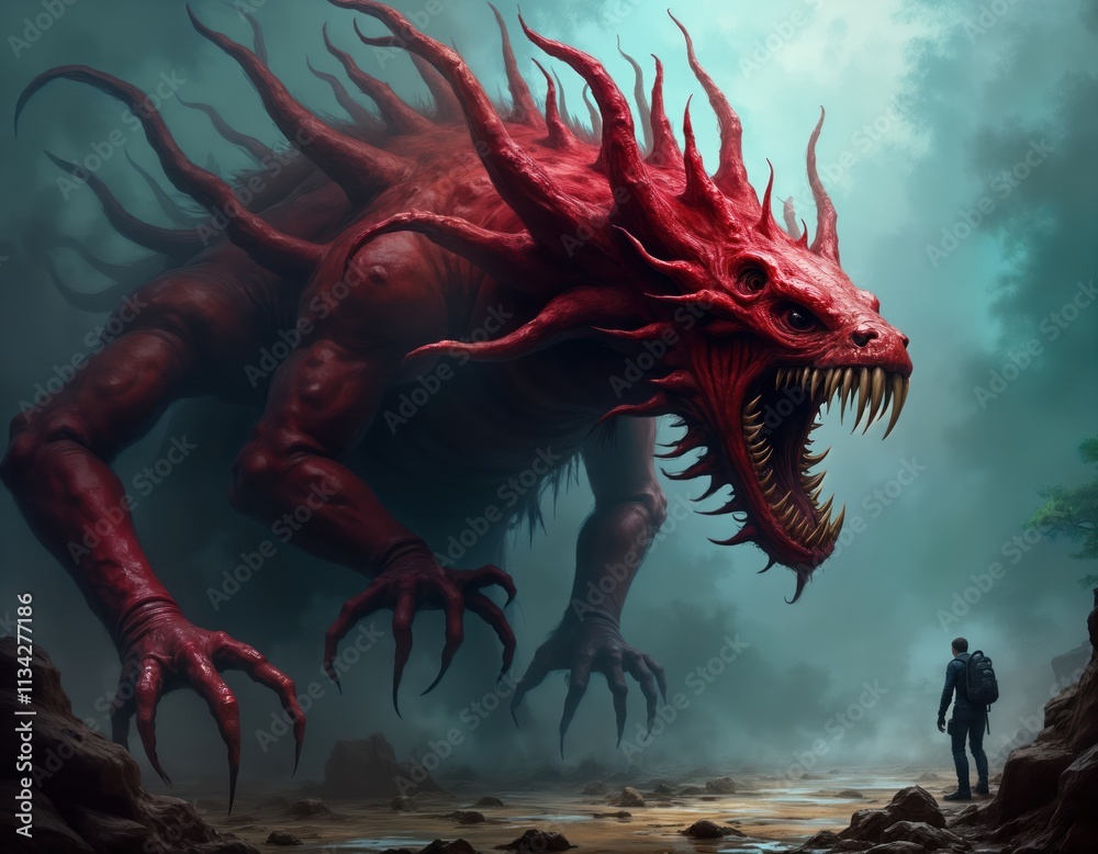 Huge red monster with sharp tentacles, large teeth roars menacingly at ...