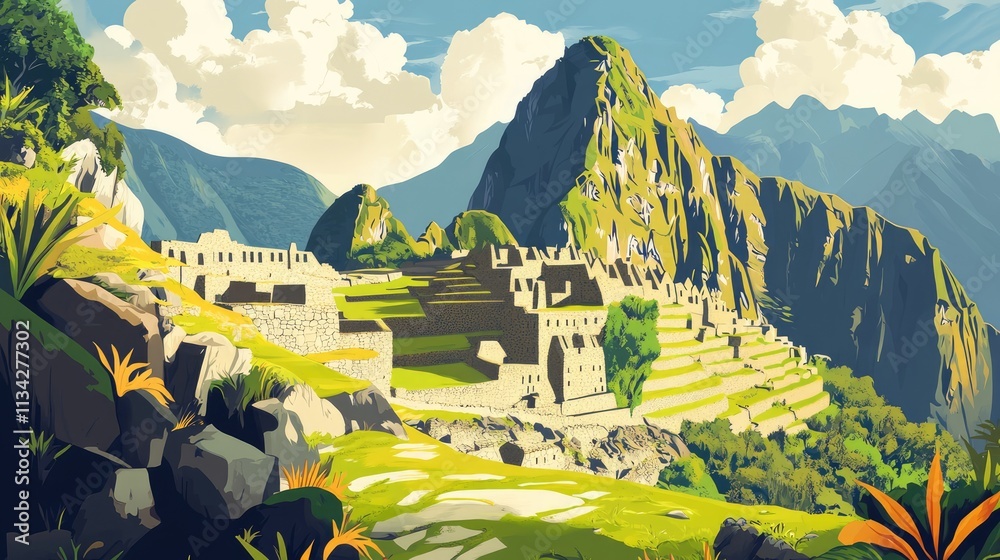 vector poster showcasing the awe inspiring Machu Picchu in Peru ...