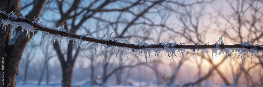 barbed wire mesh wrapping around a frozen tree branch, barbed wire ...