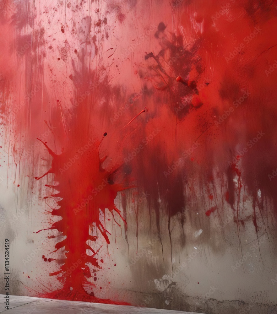 Dirty wall with red translucent paint splatter, broken glass, shattered ...