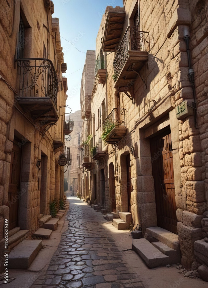 Ancient city streets with old stone buildings and narrow alleys in ...