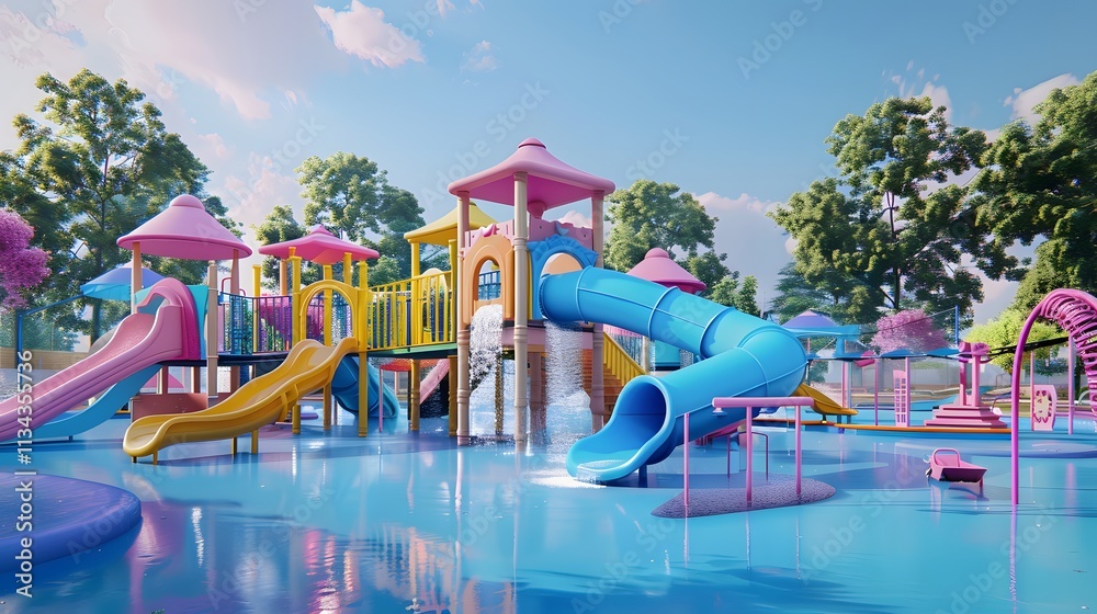 Colorful Water Playground with Slides and Splash Pools for Kids' Fun ...