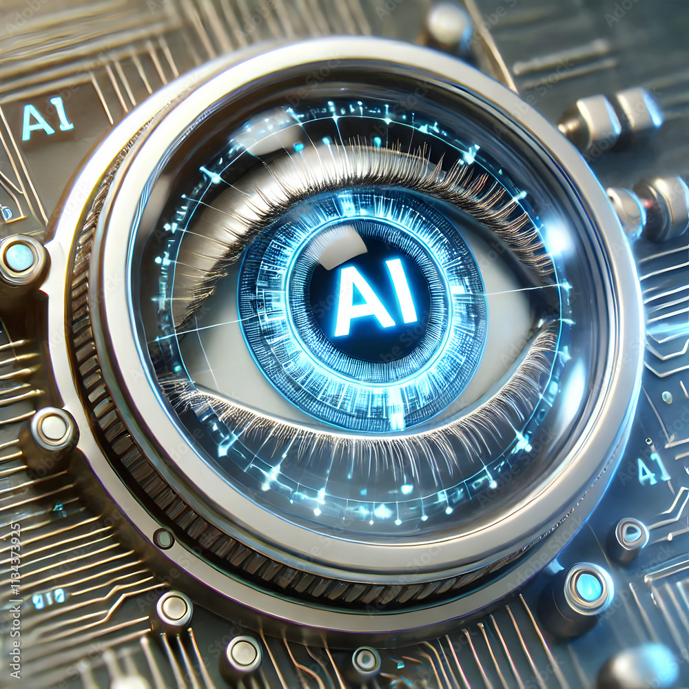 3D Macro shot of AI enhanced bionic eye with glowing data overlay ...